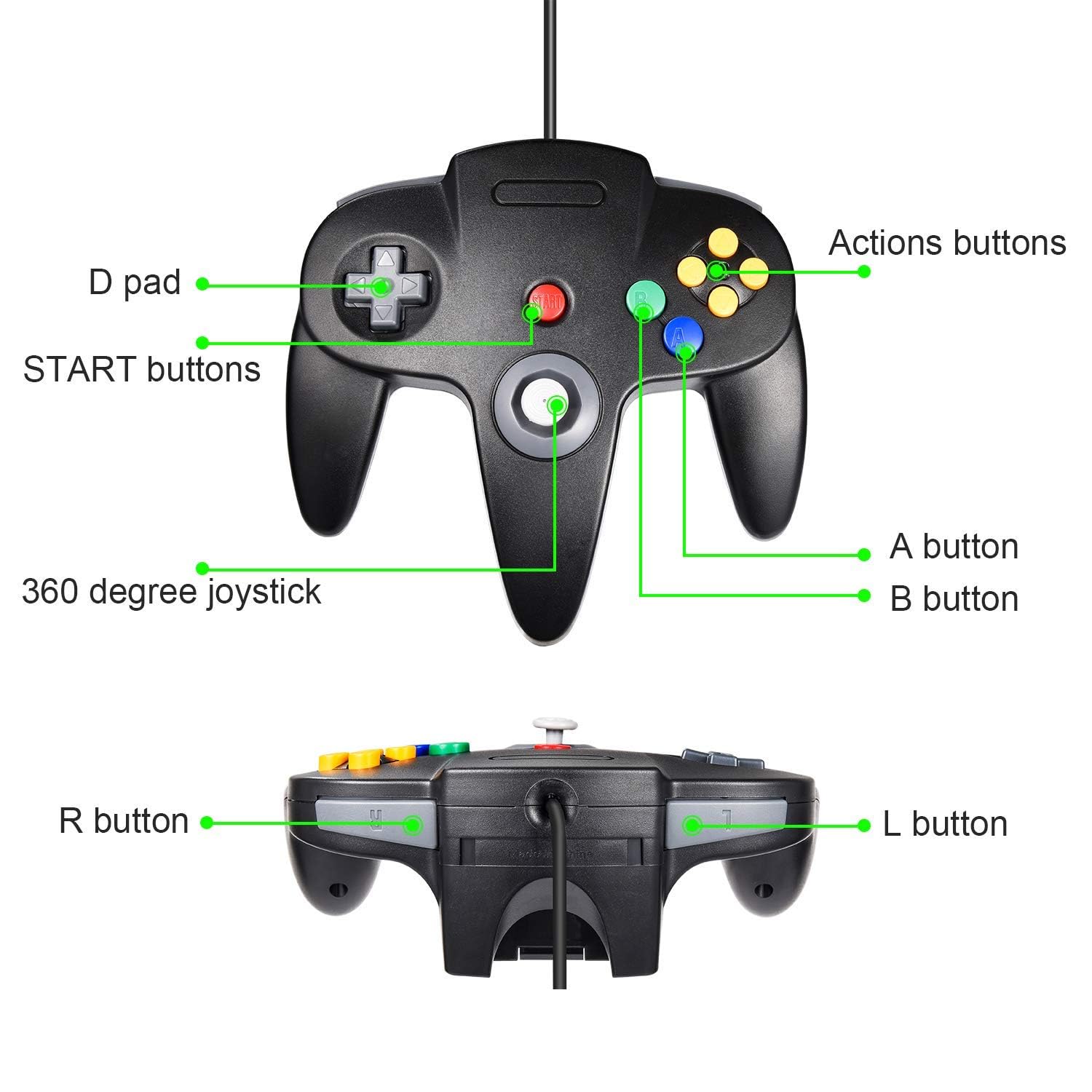 KIWITATA Classic N64 Controller, Remote N64 Wired USB Retro Joystick Game Pad N64 emulator Controller for Windows XP 7 8 & MAC Raspberry Pi 3 Black