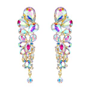 ever faith women's austrian crystal tear drop clip-on dangle earrings iridescent clear ab gold-tone