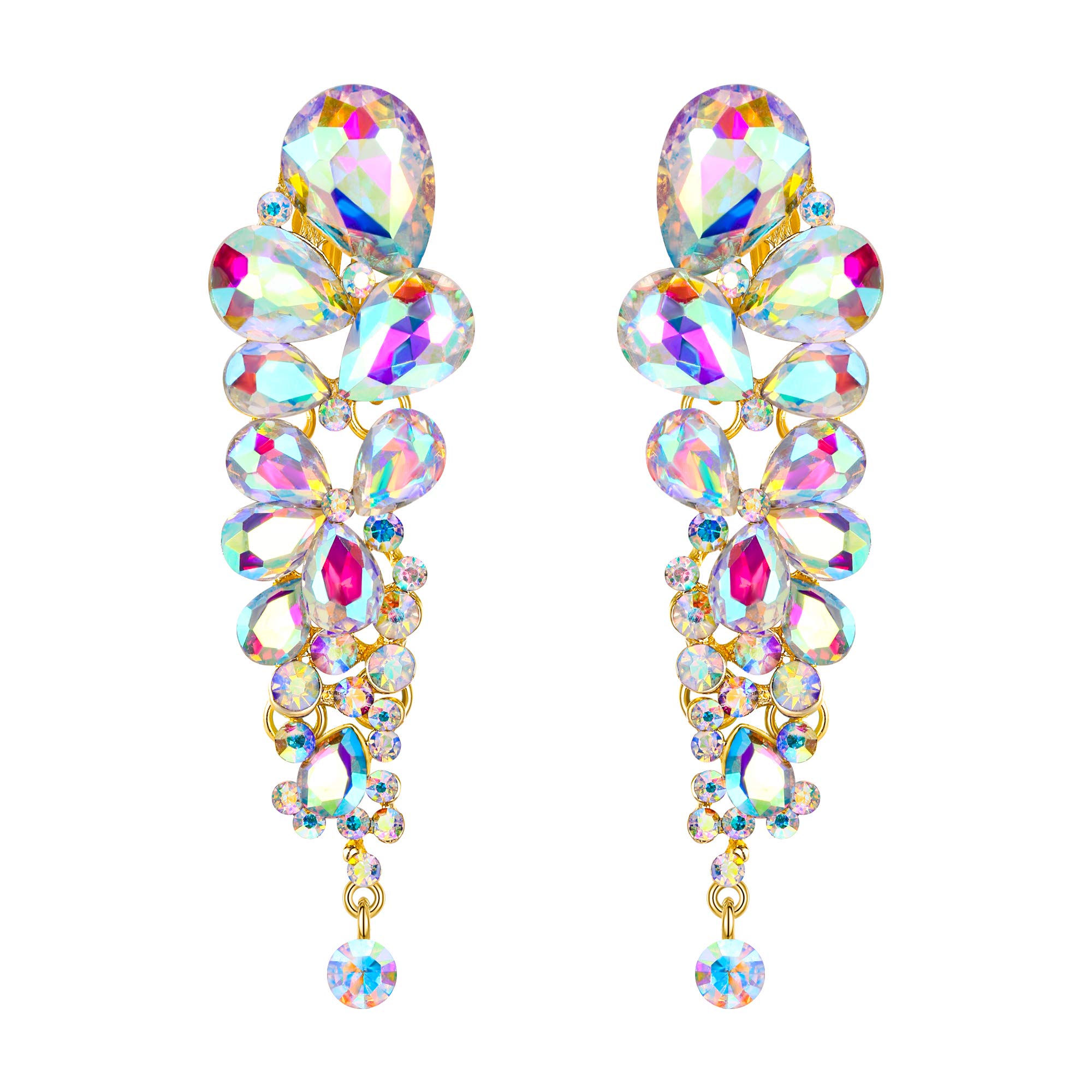 EVER FAITH Women's Austrian Crystal Tear Drop Clip-on Dangle Earrings Iridescent Clear AB Gold-Tone