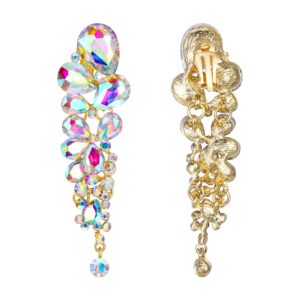 EVER FAITH Women's Austrian Crystal Tear Drop Clip-on Dangle Earrings Iridescent Clear AB Gold-Tone