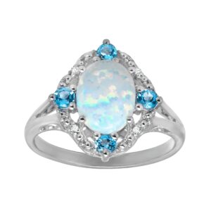 1 1/6 ct created opal & natural swiss blue topaz ring with diamonds in sterling silver