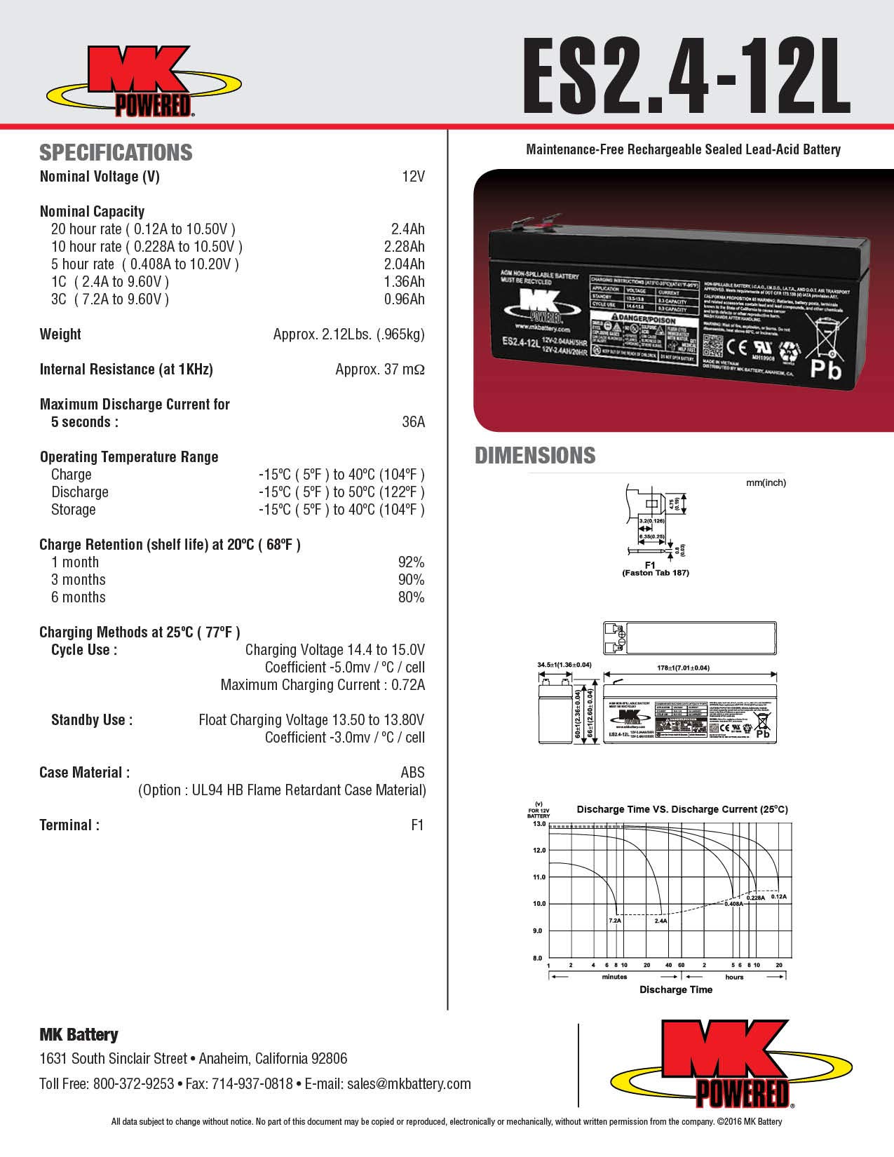 MK Battery ES2.4-12L Maintenance-Free Rechargeable Sealed Lead-Acid Battery