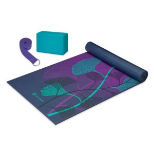 gaiam beginner's yoga starter kit set (yoga mat, yoga block, yoga strap) - light 4mm thick printed non-slip exercise mat for everyday yoga - includes 6ft yoga strap & yoga brick - lily shadows