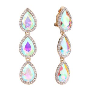 elequeen women's gold-tone austrian crystal teardrop pear shape 2.4 inch long clip-on dangle earrings iridescent ab