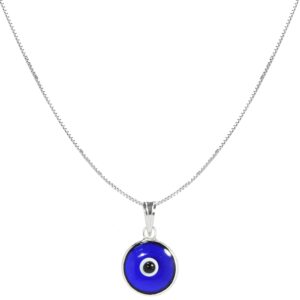 blue glass evil eye protection charm pendant on 20 inch silver box chain necklace for men & women - evil eye jewelry in 925 sterling silver