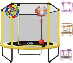 langxun 60" trampoline for kids, 5ft mini toddler indoor & outdoor trampoline with net, basketball hoop & dart board, birthday gifts for boys & girls, baby toddler christmas toys, age 1-8 years