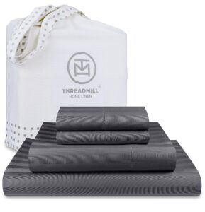 threadmill 500 thread count queen size damask stripe, 4 pc luxury cotton sheet set, silky smooth dark grey sheets with 16" elasticized deep pocket, 2 pillowcases & free tote bag