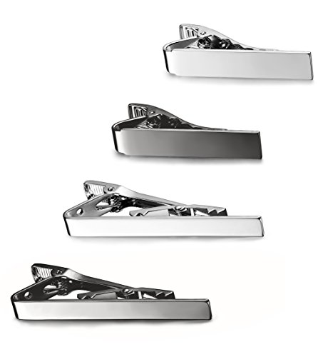 LOYALLOOK 2pcs 2.15Inch Mens Tie Bar Pinch Clip Set for Regular Ties and 2pcs 1.5Inch Skinny Tie Clip with Gift Box Silver Black Tone Pack