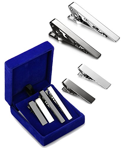 LOYALLOOK 2pcs 2.15Inch Mens Tie Bar Pinch Clip Set for Regular Ties and 2pcs 1.5Inch Skinny Tie Clip with Gift Box Silver Black Tone Pack