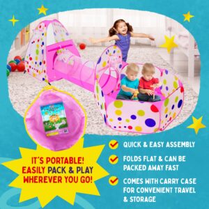 Playz 3pc Kids Play Tent Crawl Tunnel and Ball Pit Pop Up Playhouse Tent with Basketball Hoop for Girls, Boys, Babies, and Toddlers for Indoor and Outdoor Use with Pink Carrying Case