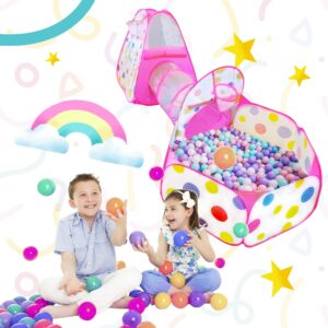 Playz 3pc Kids Play Tent Crawl Tunnel and Ball Pit Pop Up Playhouse Tent with Basketball Hoop for Girls, Boys, Babies, and Toddlers for Indoor and Outdoor Use with Pink Carrying Case