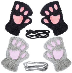 loritta 2 pairs cat paw winter plush faux fur cute kitten fingerless mittens gloves,black+gray(2 pairs)