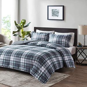 madison park essentials parkston plaid comforter, matching sham, 3m scotchguard stain release cover, hypoallergenic all season bedding-set, full/queen, grey, 3 piece