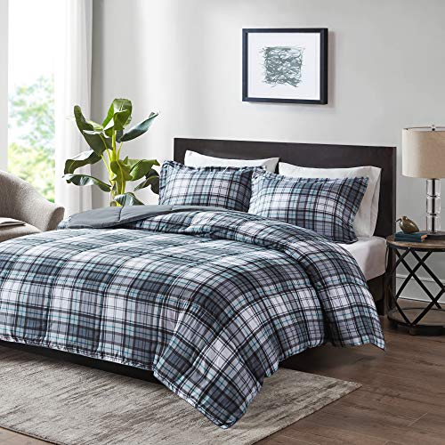 Madison Park Essentials Parkston Plaid Comforter, Matching Sham, 3M Scotchguard Stain Release Cover, Hypoallergenic All Season Bedding-Set, Full/Queen, Grey, 3 Piece