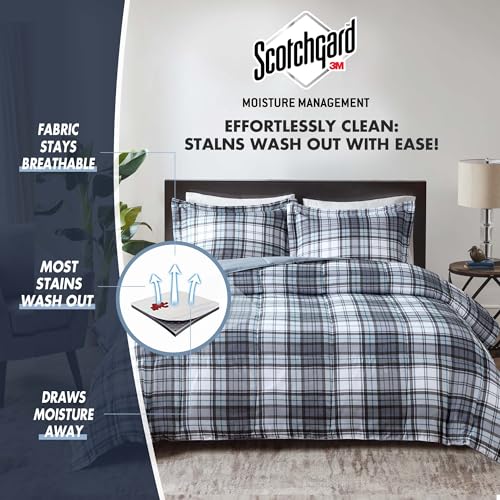 Madison Park Essentials Parkston Plaid Comforter, Matching Sham, 3M Scotchguard Stain Release Cover, Hypoallergenic All Season Bedding-Set, Full/Queen, Grey, 3 Piece