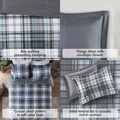 Madison Park Essentials Parkston Plaid Comforter, Matching Sham, 3M Scotchguard Stain Release Cover, Hypoallergenic All Season Bedding-Set, Full/Queen, Grey, 3 Piece