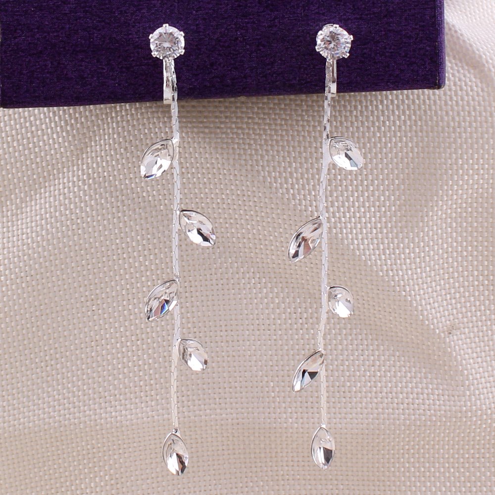 Grace Jun Silver Plated CZ Rhinestone Long Tassel Drop Earrings and Clip on Earrings No Pierced for Women (Ear clip)