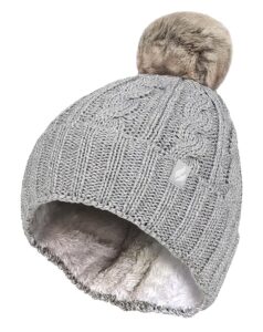 heat holders - womens thick knit thermal winter warm beanie hat with pom pom (one size, light grey)