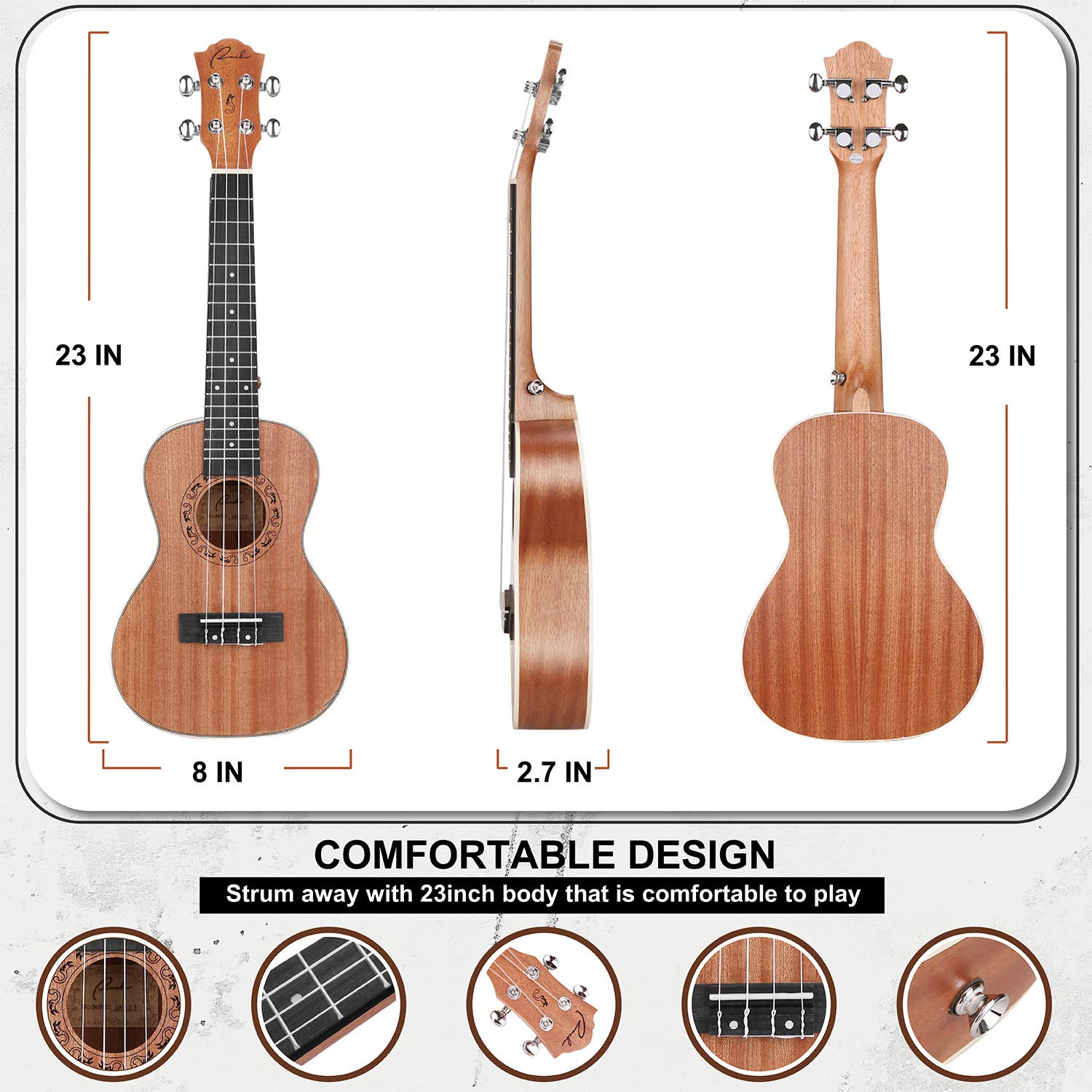 Ranch Concert Ukulele 23 inch Professional Wooden Ukelele Kit with 12 Online Lessons, Gig Bag, Tuner, Strap, Aquila Strings Set