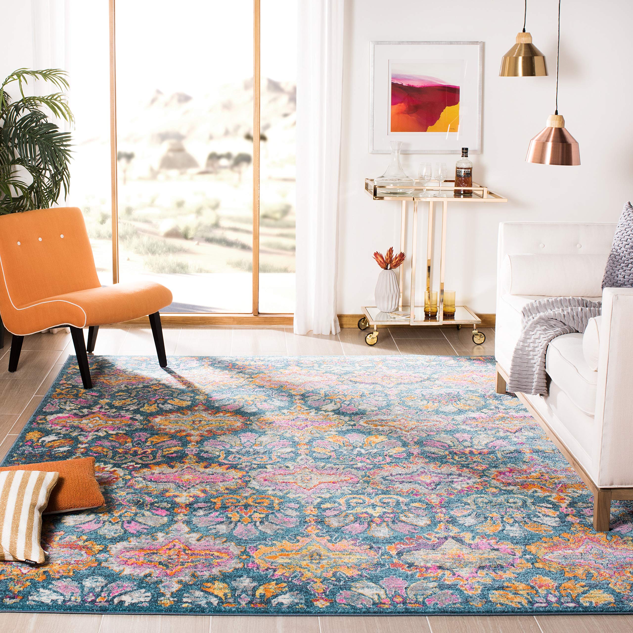 SAFAVIEH Madison Collection Area Rug - 8' x 10', Blue & Orange, Boho Chic Damask Design, Non-Shedding & Easy Care, Ideal for High Traffic Areas in Living Room, Bedroom (MAD144A)