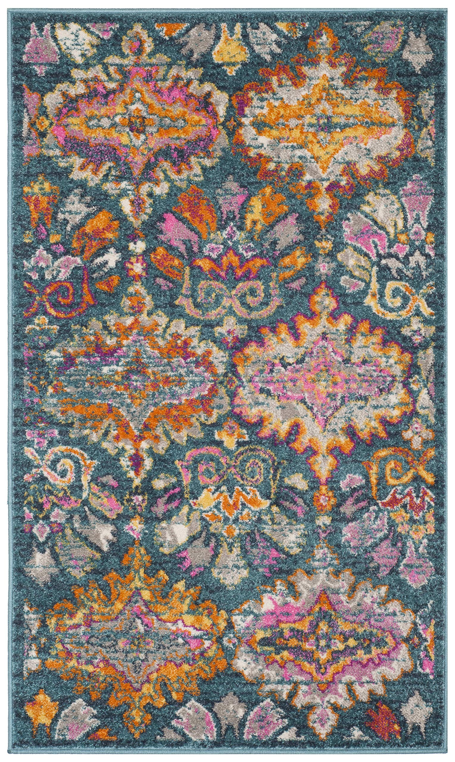 SAFAVIEH Madison Collection Area Rug - 8' x 10', Blue & Orange, Boho Chic Damask Design, Non-Shedding & Easy Care, Ideal for High Traffic Areas in Living Room, Bedroom (MAD144A)