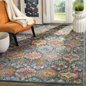 SAFAVIEH Madison Collection Area Rug - 8' x 10', Blue & Orange, Boho Chic Damask Design, Non-Shedding & Easy Care, Ideal for High Traffic Areas in Living Room, Bedroom (MAD144A)