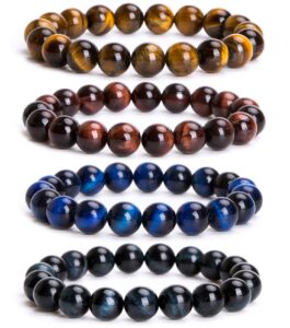 bivei aa quality mens womens 10mm natural tiger eye stone gemstone bead meditation healing power elastic stretch bracelet(tiger eye 4pc/set)