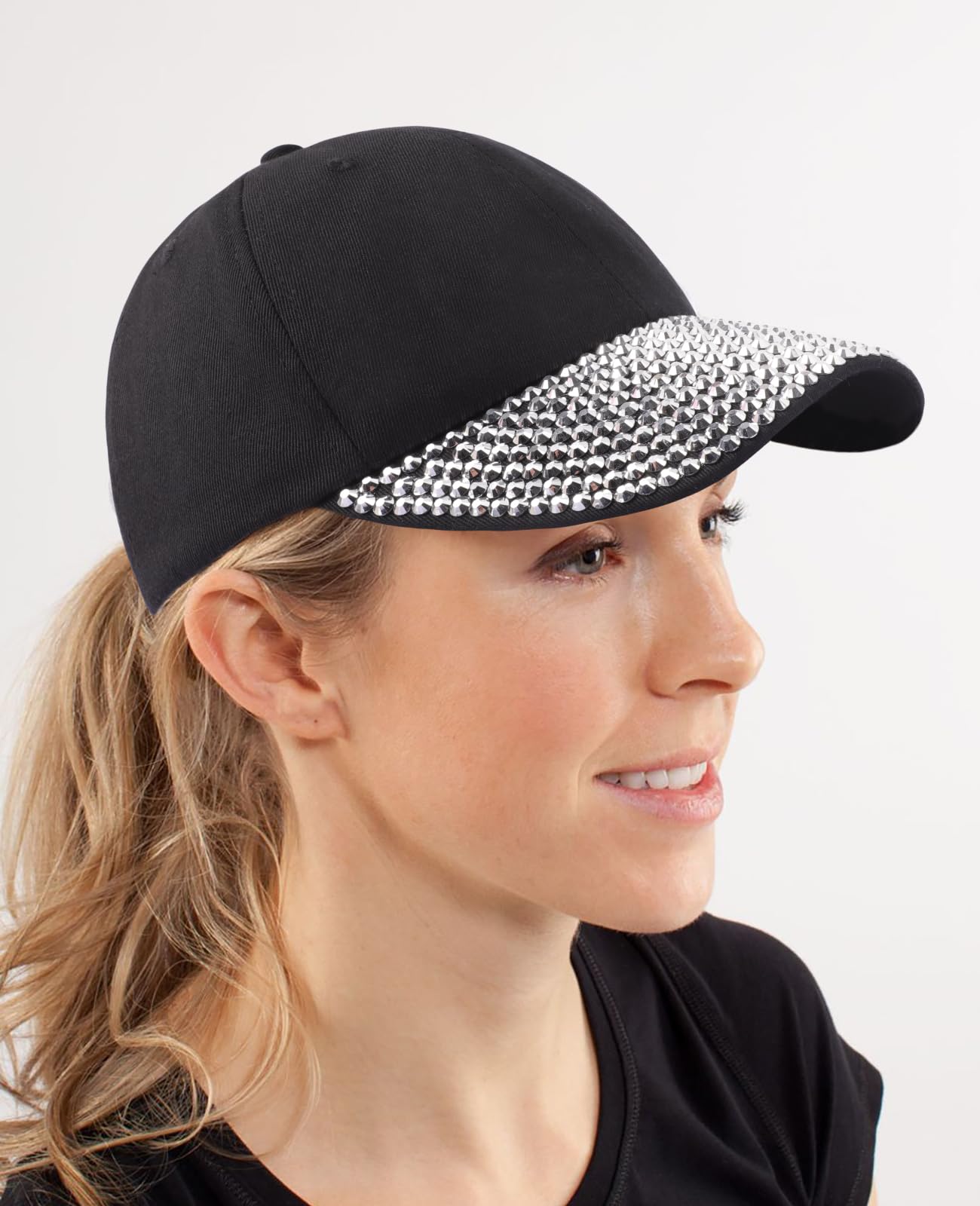 Ztl Womens Studded Rhinestone Baseball Cap Dad Trucker Hat Sparkle Bling Sun Hat A - Black