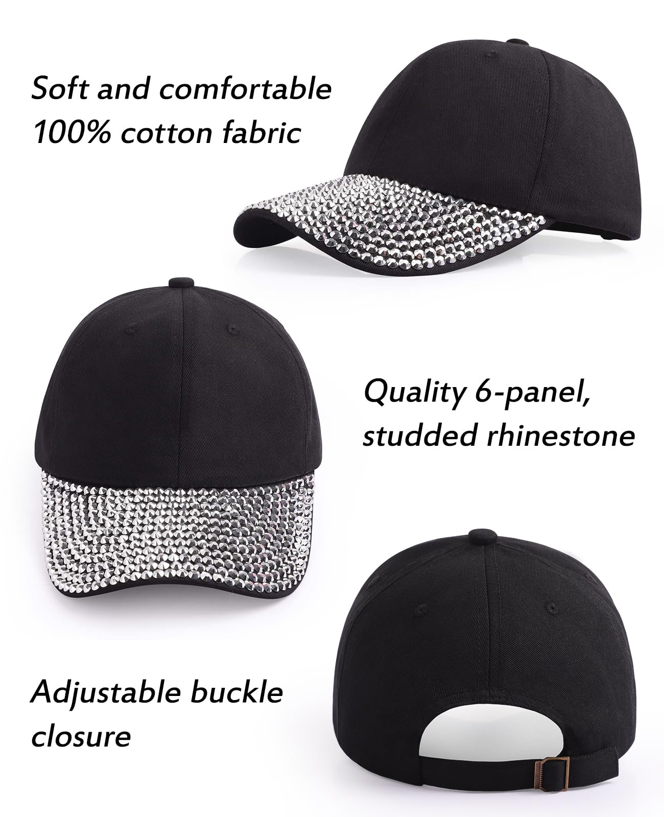 Ztl Womens Studded Rhinestone Baseball Cap Dad Trucker Hat Sparkle Bling Sun Hat A - Black