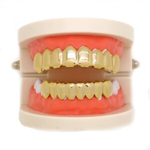 LuReen 8 Teeth Grillz 14k Gold Top and Bottom Grills Set Shiny Hip Hop Teeth Grillz + Extra Molding Bars for Halloween Costume Cosplay