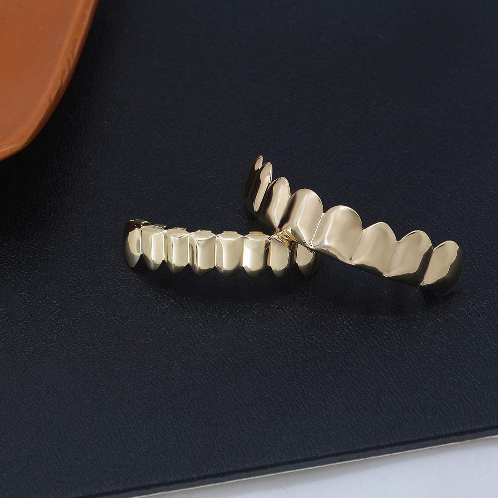 LuReen 8 Teeth Grillz 14k Gold Top and Bottom Grills Set Shiny Hip Hop Teeth Grillz + Extra Molding Bars for Halloween Costume Cosplay