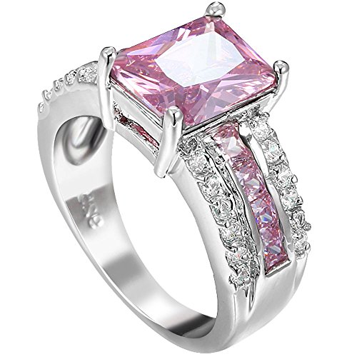 XAHH Womens Platinum Plated Pink Solitaire CZ Crystal Square Cut Ring Engagement Wedding Band 8