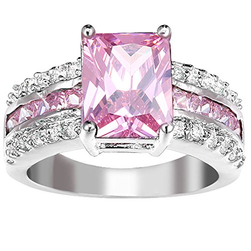 XAHH Womens Platinum Plated Pink Solitaire CZ Crystal Square Cut Ring Engagement Wedding Band 8