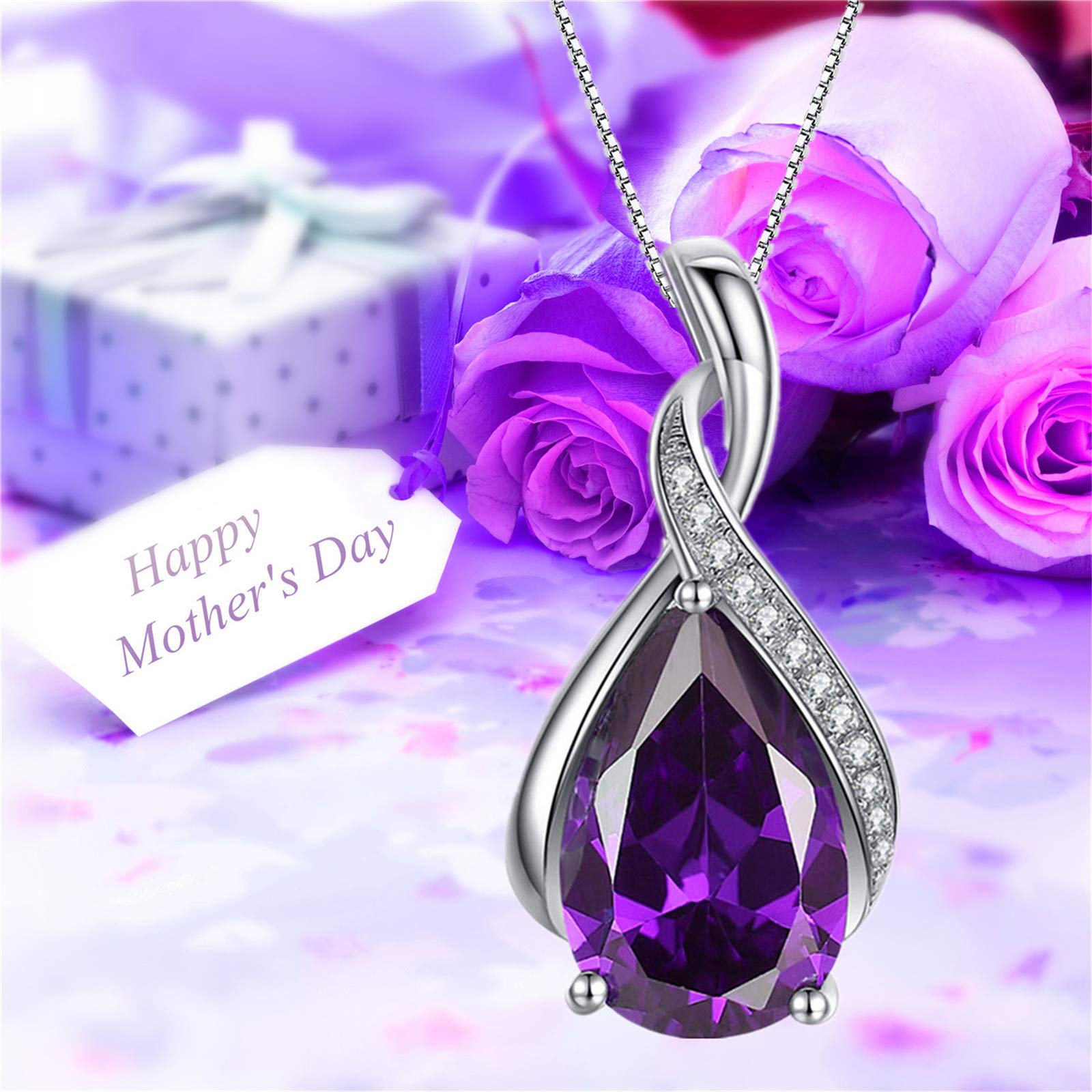 MABELLA Sterling Silver Pendant Necklace Simulated Amethyst Birthstone Jewelry Gifts for Women Mother's Day/Birthday/Anniversary