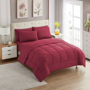 sweet home collection 7 piece comforter set bag solid color all season soft down alternative blanket & luxurious microfiber bed sheets, burgundy, full