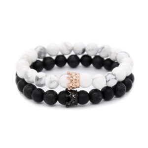 poshfeel 8mm natural stone cz micro pave crown king queen beads his and hers couple bracelet, 7.5" (black&white-2)