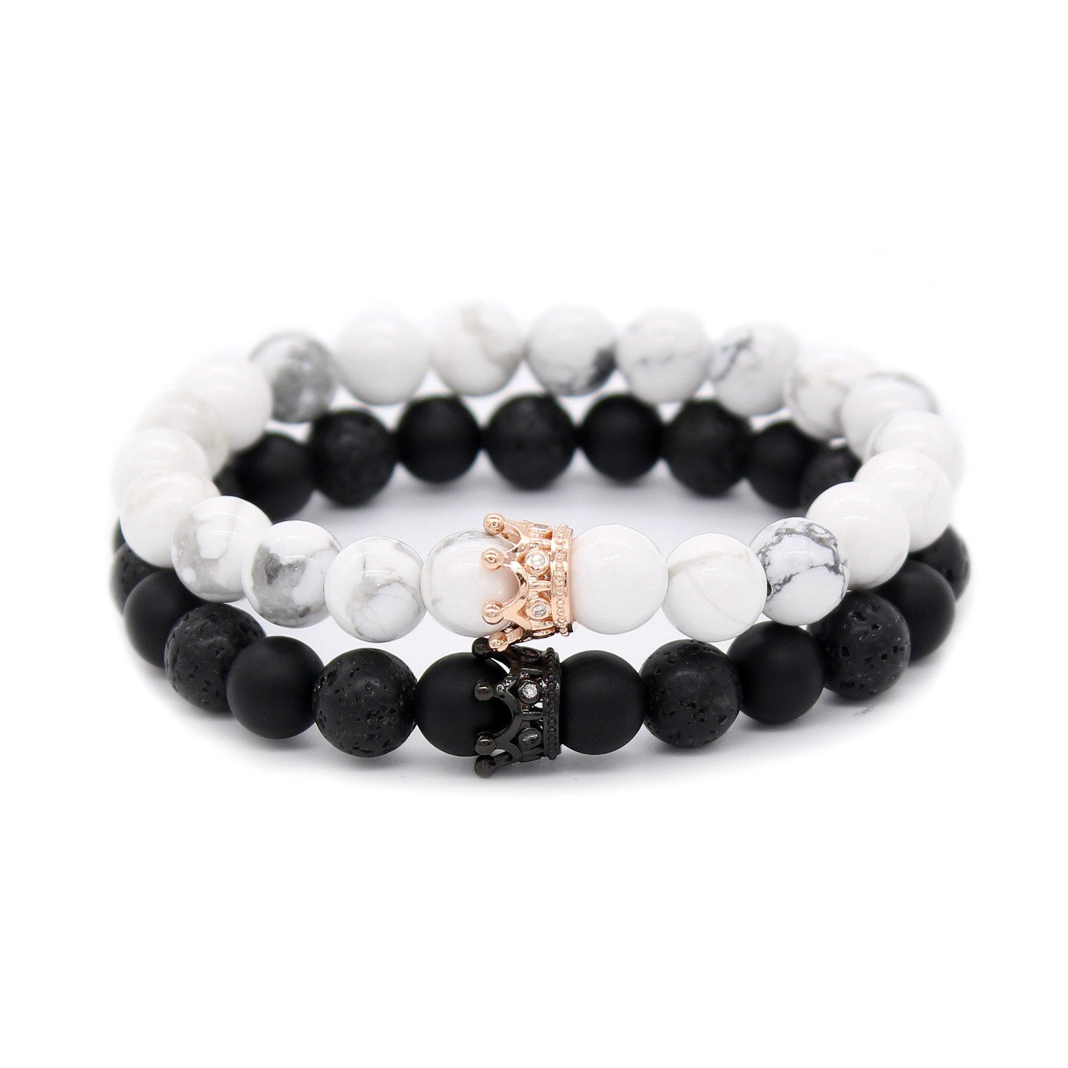 POSHFEEL 8mm Natural Stone CZ Micro Pave Crown King Queen Beads His and Hers Couple Bracelet, 7.5" (Black&White-2)