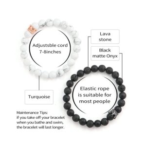 POSHFEEL 8mm Natural Stone CZ Micro Pave Crown King Queen Beads His and Hers Couple Bracelet, 7.5" (Black&White-2)