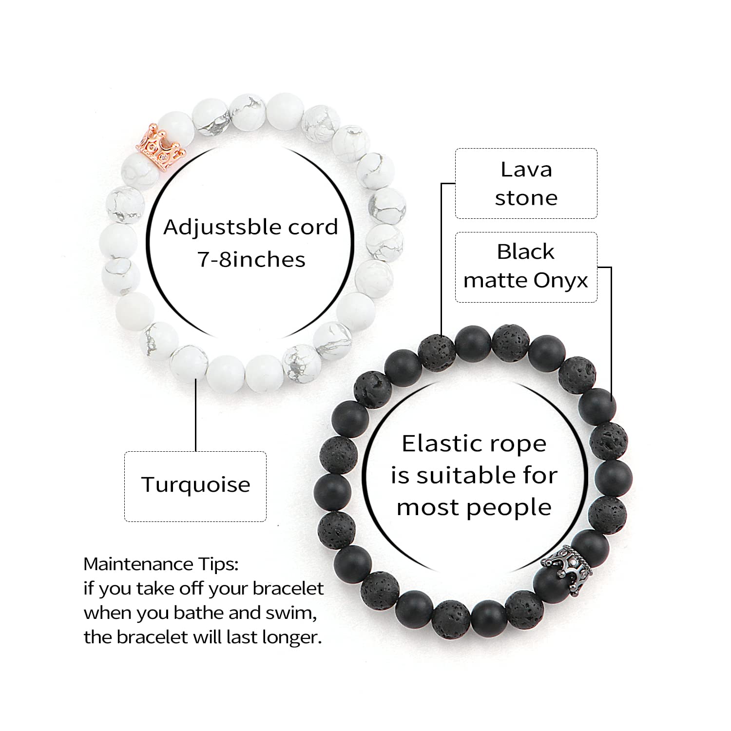 POSHFEEL 8mm Natural Stone CZ Micro Pave Crown King Queen Beads His and Hers Couple Bracelet, 7.5" (Black&White-2)