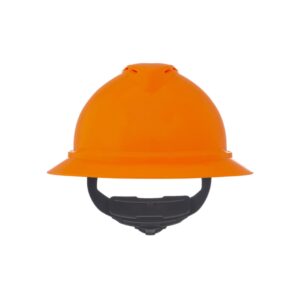 msa 10167921 v-gard 500 full-brim hard hat with fas-trac iii ratchet suspension | polyethylene shell, superior impact protection, self adjusting crown straps - standard size in hi-viz orange