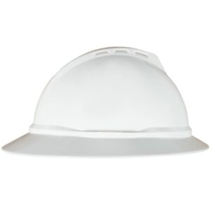 MSA 10167950 V-Gard 500 Full-Brim Hard Hat With 6-Point Fas-Trac III Ratchet Suspension | Polyethylene Shell, Superior Impact Protection, Self Adjusting Crown Straps - Standard Size in White