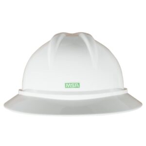 MSA 10167950 V-Gard 500 Full-Brim Hard Hat With 6-Point Fas-Trac III Ratchet Suspension | Polyethylene Shell, Superior Impact Protection, Self Adjusting Crown Straps - Standard Size in White