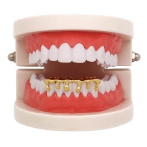 LuReen 14k Gold Teardrop Bottom Grillz 6 Teeth Lower Teeth Drip Cap Grillz for Halloween Costume Cosplay