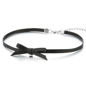 coolsteelandbeyond ladies black leather bow choker necklace pendant