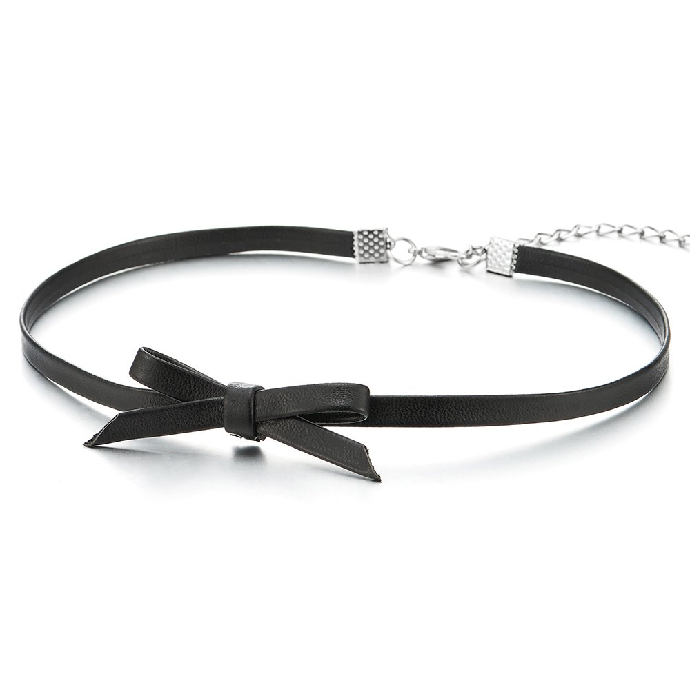 COOLSTEELANDBEYOND Ladies Black Leather Bow Choker Necklace Pendant