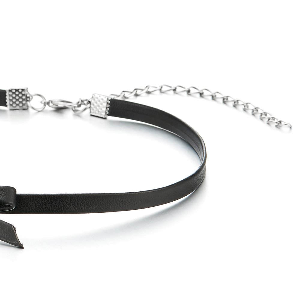 COOLSTEELANDBEYOND Ladies Black Leather Bow Choker Necklace Pendant