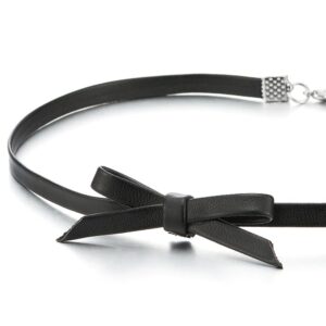 COOLSTEELANDBEYOND Ladies Black Leather Bow Choker Necklace Pendant