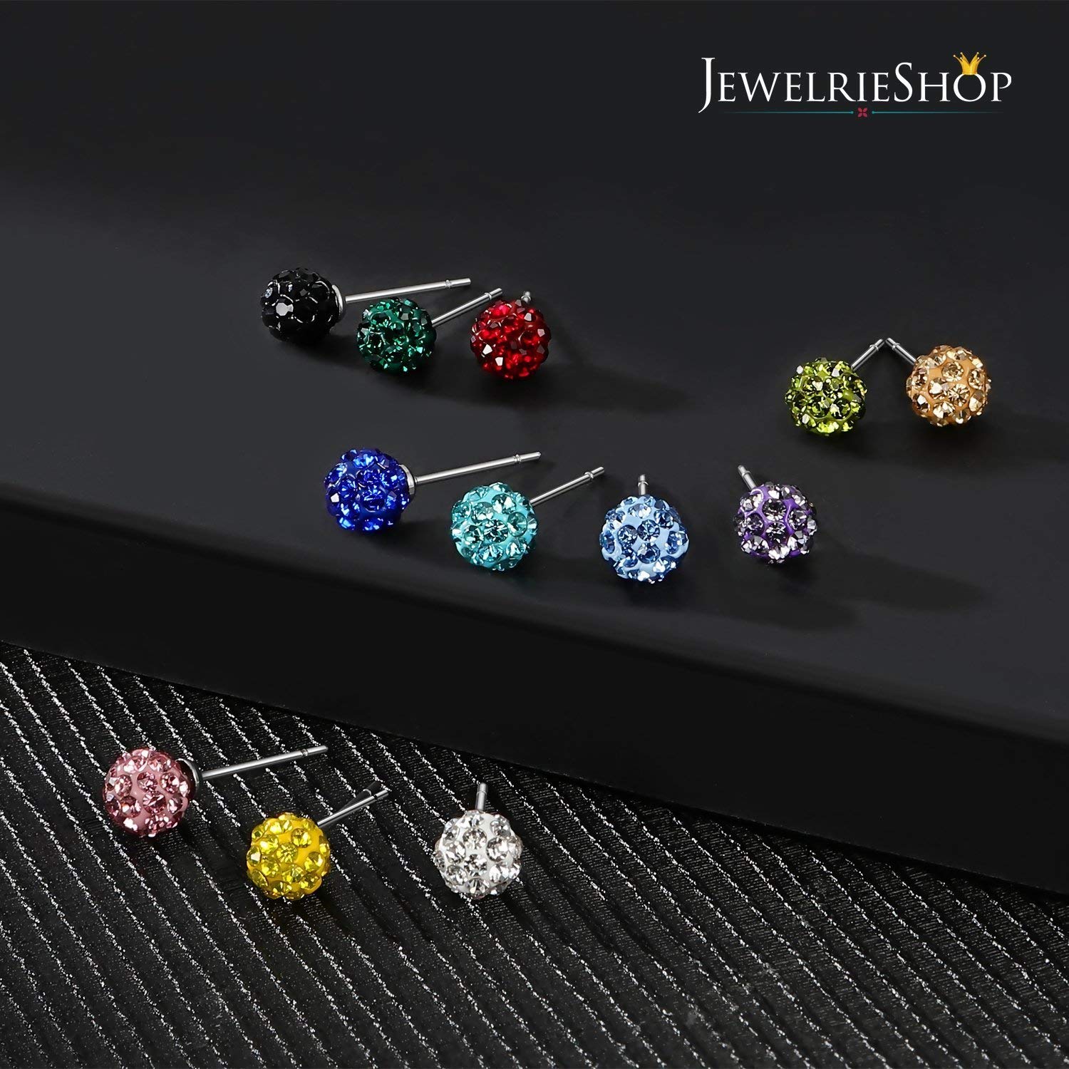 JewelrieShop Rhinestones Crystal Ball Stud Earrings Set Fireball Disco Ball Pave Bead Earrings Hypoallergenic for Women (02. 12 Pairs, 6mm)