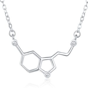 happiness serotonin molecule necklace with gems for women, ideal necklaces for teacher, professor, chemistry grad, and science jewelry lovers (white)