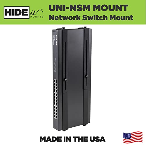 HIDEit Mounts Uni-NSM Mount - Made in USA - Black Steel Adjustable 1U Network Device Wall Mount for A/V Components, Mount for Network Switch, Ethernet Splitter and Ethernet Switch